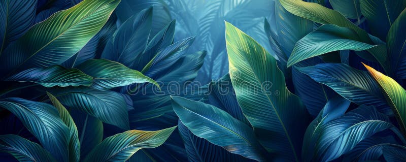 Tropical Blue and Green Leaves Creating Flowing Pattern Stock Photo ...