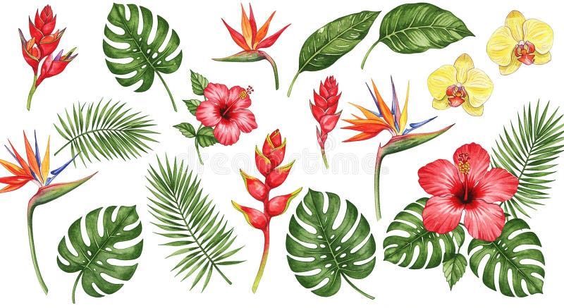 Tropical Botanical Illustration Features an Array of Vibrant Elements ...