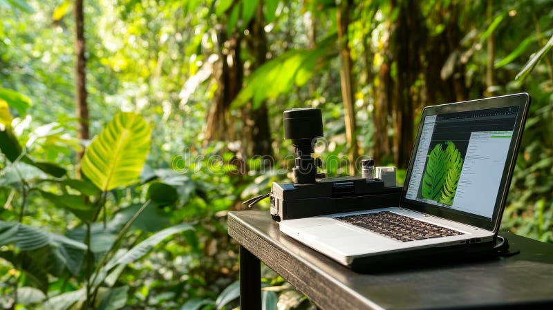 Tropical Botany Research Laptop Microscope Leaf Analysis Jungle Setting ...