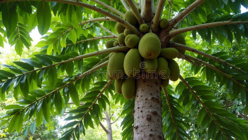 Tropical Breadfruit Tree with Green Fruit and Large Leaves in Lush ...