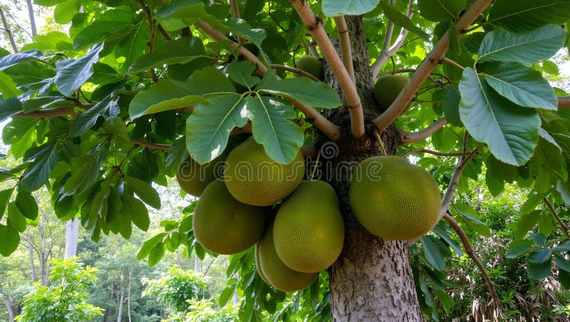 Tropical Breadfruit Tree with Green Fruit and Large Leaves in Lush ...