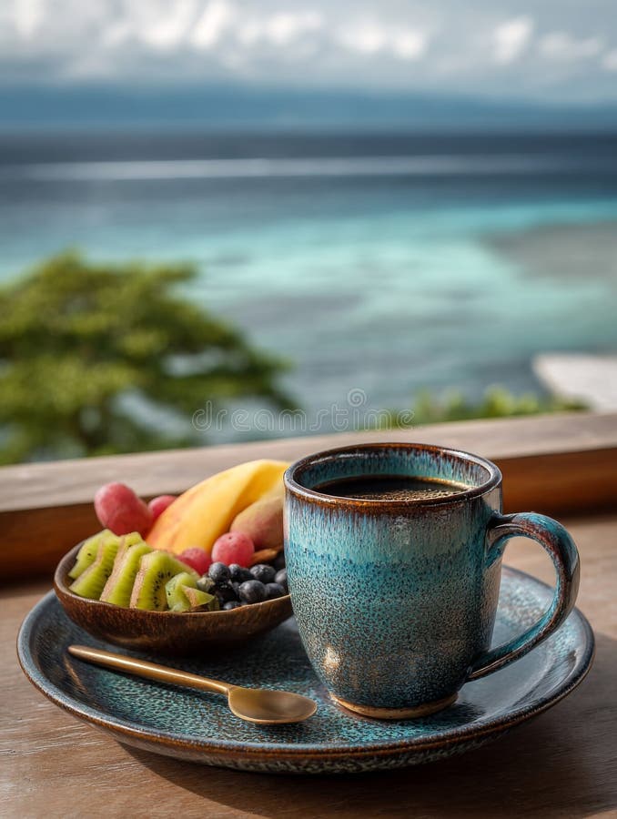 Tropical Breakfast: Coffee and Fruit with Ocean View Stock Illustration ...