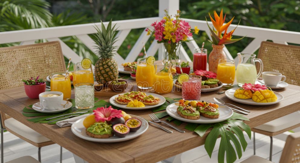 Tropical Breakfast Feast on a Sunny Patio Stock Illustration ...