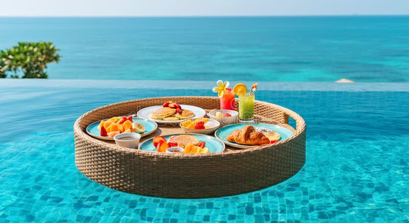 Tropical Breakfast on Floating Tray in Infinity Pool with Ocean View ...