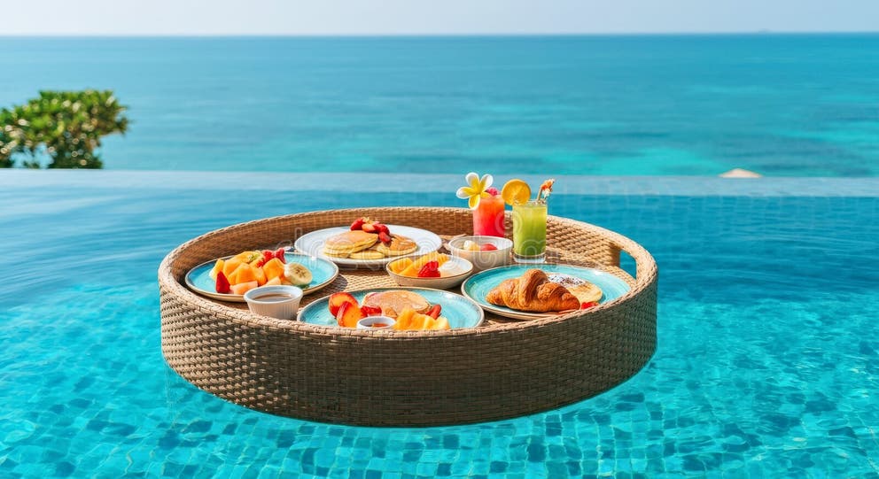 Tropical Breakfast on Floating Tray in Infinity Pool with Ocean View ...