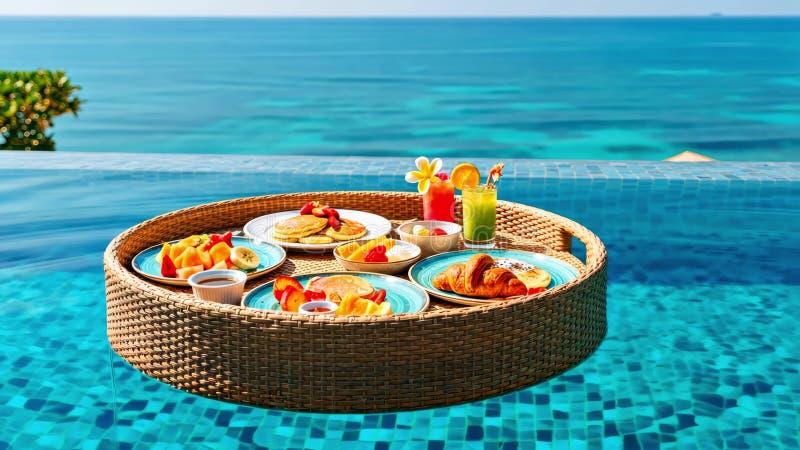 Tropical Breakfast on Floating Tray in Infinity Pool with Ocean View ...