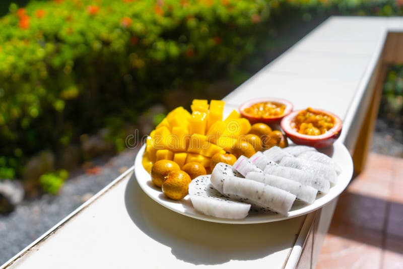 Tropical Breakfast. Fruit Plate in a Tropical Garden Stock Image ...