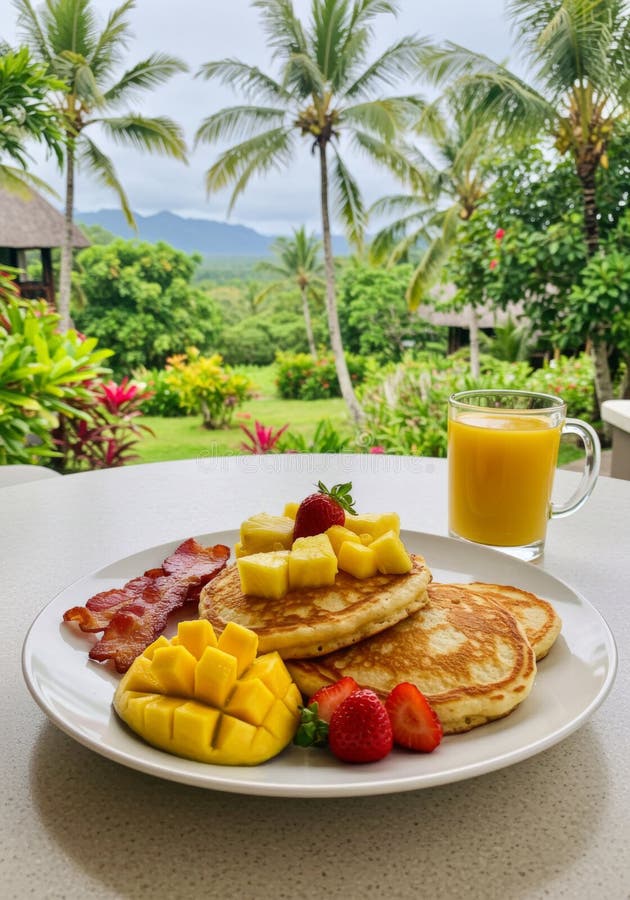 Tropical Breakfast Pancakes with Mango and Bacon Stock Image - Image of ...