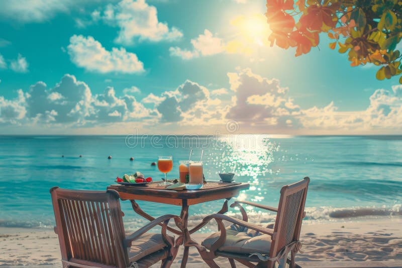Tropical Breakfast Setup on a Beach Table with Ocean View, Featuring ...