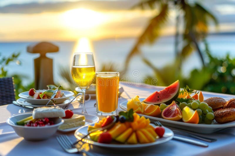 A Tropical Breakfast Spread Featuring Fresh Fruit, Pastries, and Drinks ...