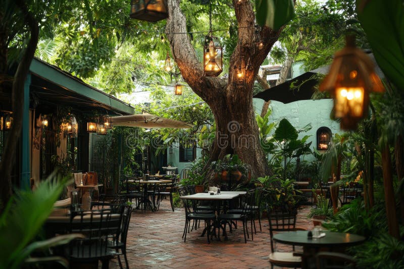 Tropical Cafe Scene Featuring a Large Tree and Lush Backyard Ambiance ...