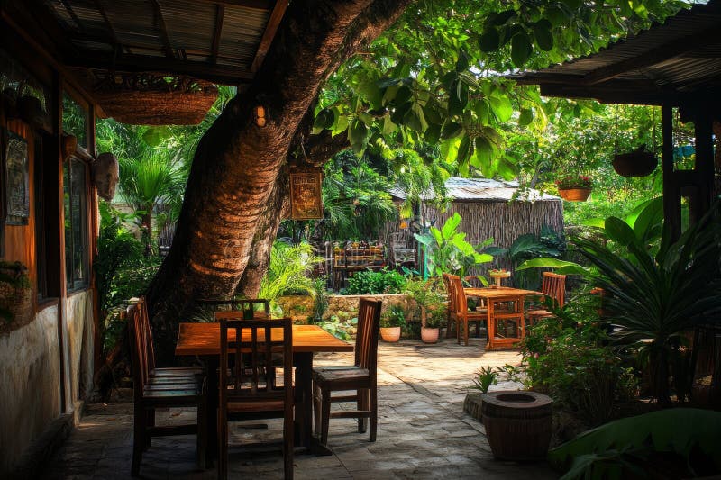 Tropical Cafe Scene Featuring Lush Tree and Inviting Backyard Ambiance ...