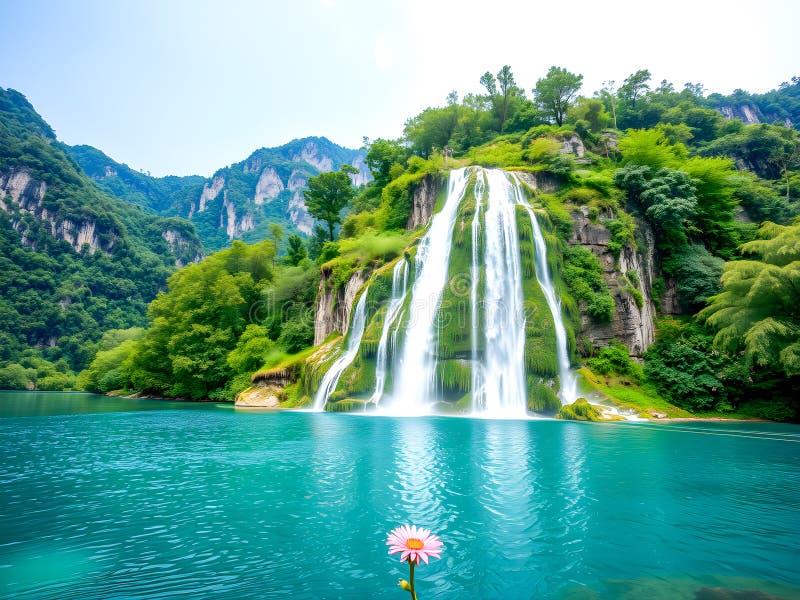 A Tropical Cascade of Water Flows through a Green Wild Forest Landscape ...