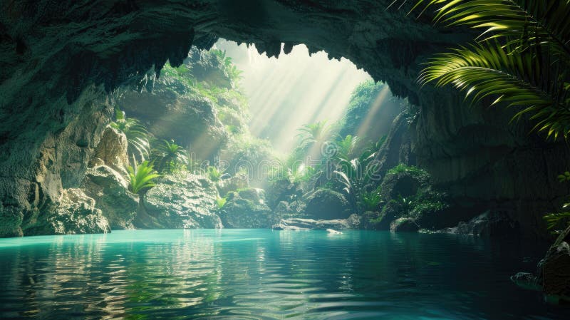 Tropical Cave with Pool of Water. Summer Exotic Landscape Stock Image ...