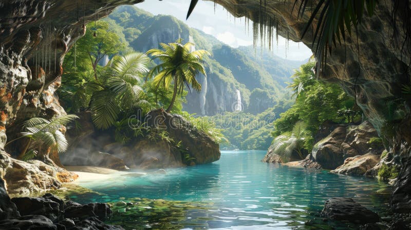 Tropical Cave with Pool of Water. Summer Exotic Landscape Stock Image ...