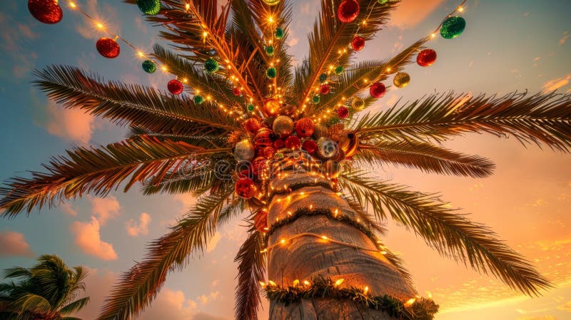 Tropical Christmas Celebration with Decorated Palm Tree at Sunset Stock ...