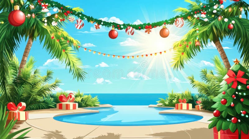Tropical Christmas Celebration with Poolside Decorations and Palm Trees ...