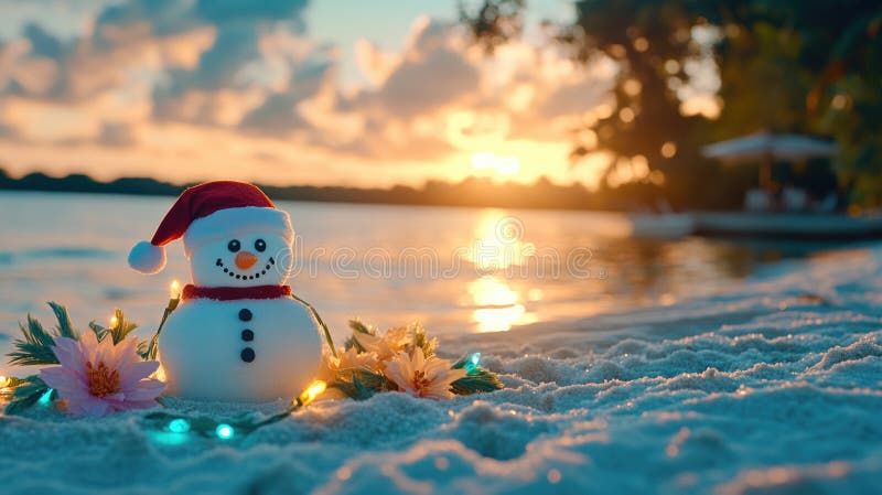 Tropical Christmas: Cheerful Snowman on Sandy Beach at Sunset Stock ...