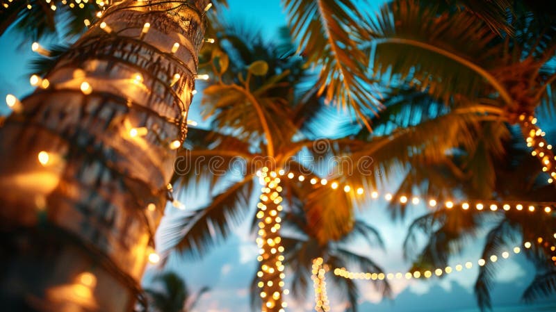 Tropical Palm Trees Night Lights Festive Illumination Warm Golden Lights Romantic Vacation ...