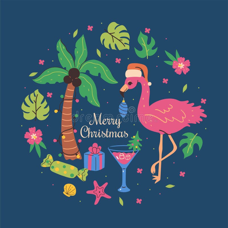 Tropical Christmas Style Greeting Card with Flamingo and Palm Tree ...