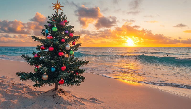 Tropical Christmas Sunset Beach Tree Holiday High Quality Image Stock ...