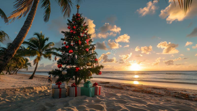 Tropical Christmas Tree on Beach at Sunset with Palm Trees and Presents ...