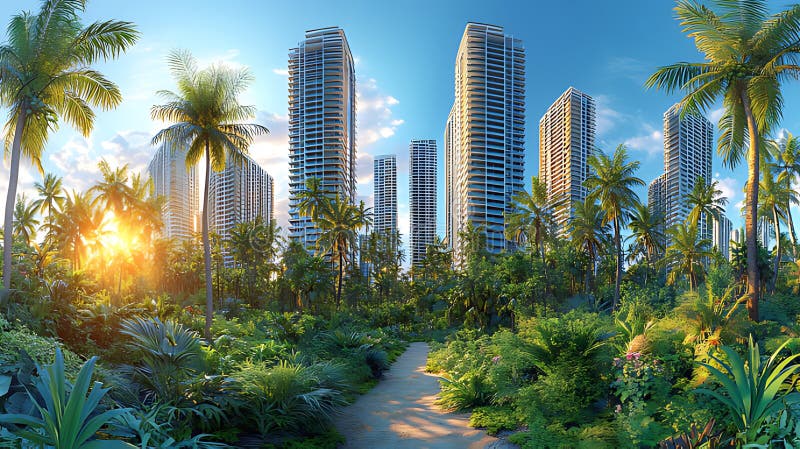 Tropical Cityscape Sunrise Path Stock Illustration - Illustration of ...