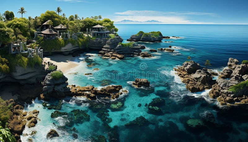 Tropical Cliff, Blue Wave, Sandy Beach, Tranquil Scene Generated by AI ...