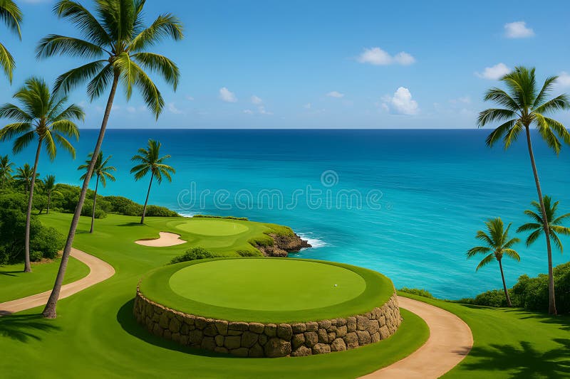 Tropical Cliffside Golf Course with Elevated Green and Palm Tree Ocean View Stock Illustration ...