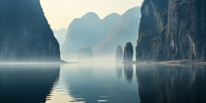 Tropical Coast with Rocky Cliffs in Morning Mist Stock Illustration ...