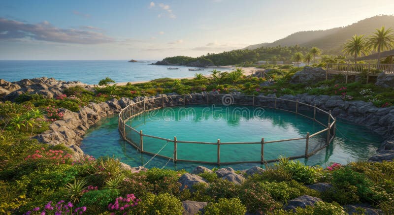 Tropical Coastal Pool Enclosure with Ocean View Stock Illustration ...