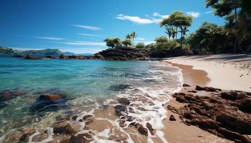 Tropical Coastline, Blue Wave, Sunset Over Tranquil Waters Generated by ...