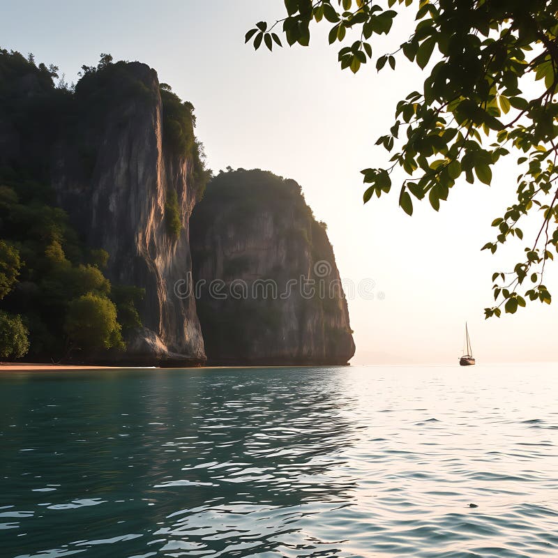 Tropical Coastline with Limestone Cliffs at Sunrise Stock Illustration ...