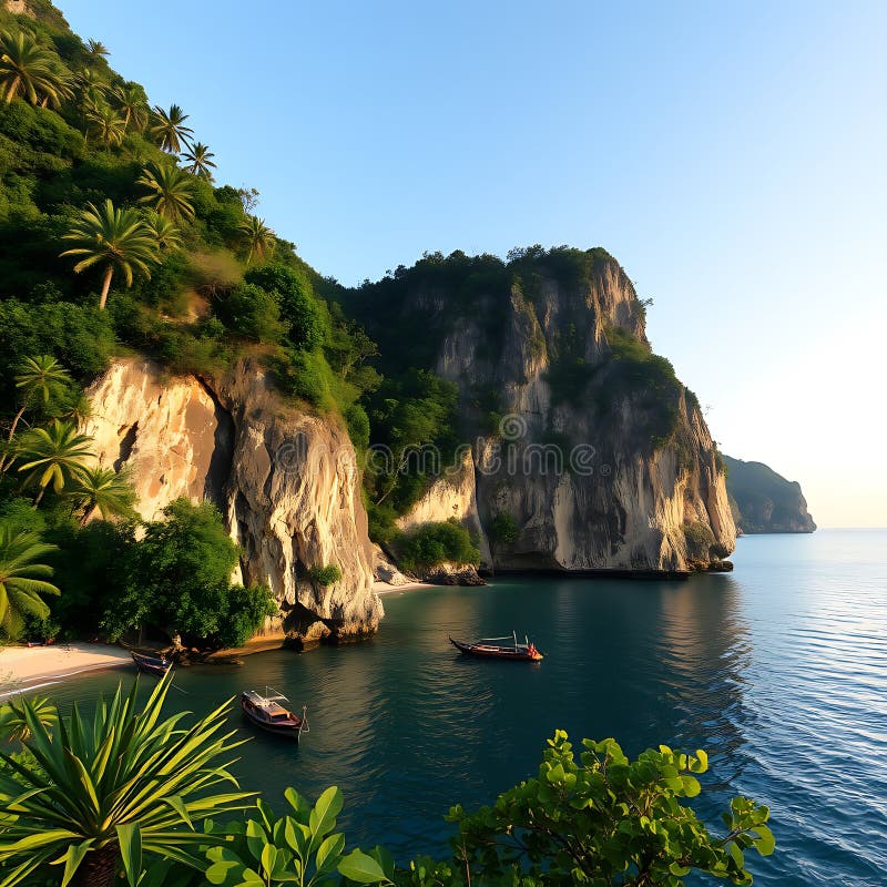 Tropical Coastline with Limestone Cliffs at Sunrise Stock Illustration ...