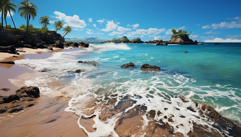 Tropical Coastline, Sand, Water, Palm Tree, Sunset Generated by AI ...