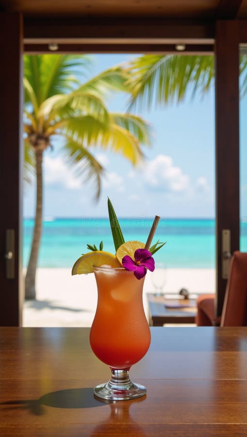 Tropical Cocktail Bar Scene Featuring Palm Trees and an Ocean Backdrop ...