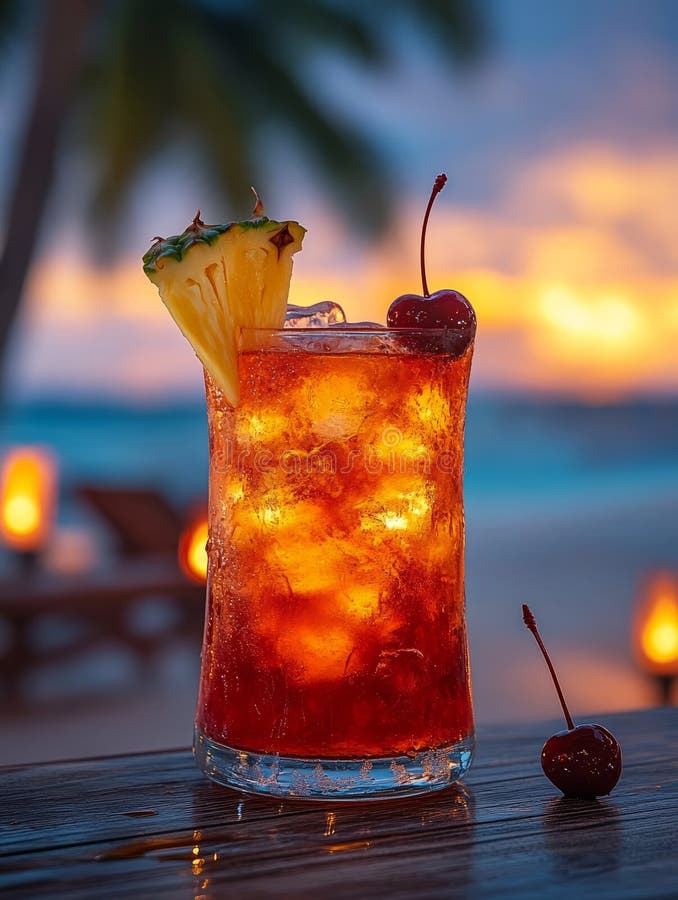 Tropical Cocktail on a Beach at Sunset with Fruit Garnish. Stock Photo ...