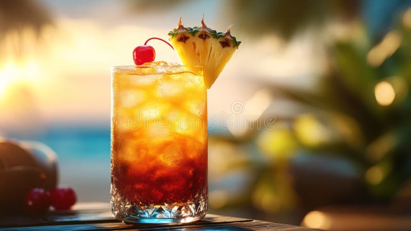 Tropical Cocktail by the Beach at Sunset, Garnished with Fruit. Stock ...
