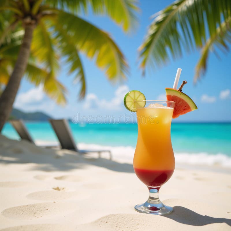 Tropical Cocktail on a Relaxing Sandy Beach Featuring a Palmy Backdrop ...