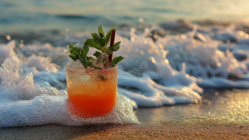 Tropical Cocktail on Sandy Beach with Ocean Waves at Sunset, Refreshing Escape Stock Photo ...