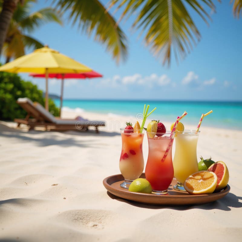 Tropical Cocktail Scene Featuring Drinks Served on White Sandy Beaches ...