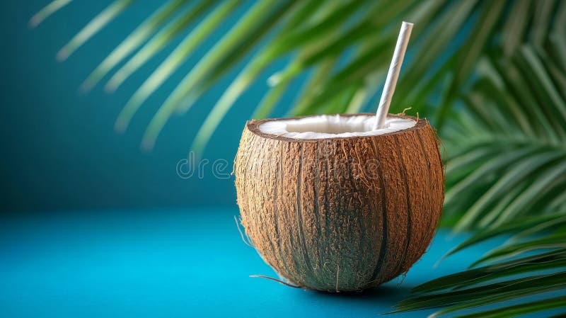 A Tropical Cocktail is Situated in a Coconut Shell Against a Turquoise ...