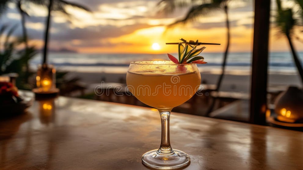 Tropical Cocktail at Sunset Beach Bar Stock Illustration - Illustration ...