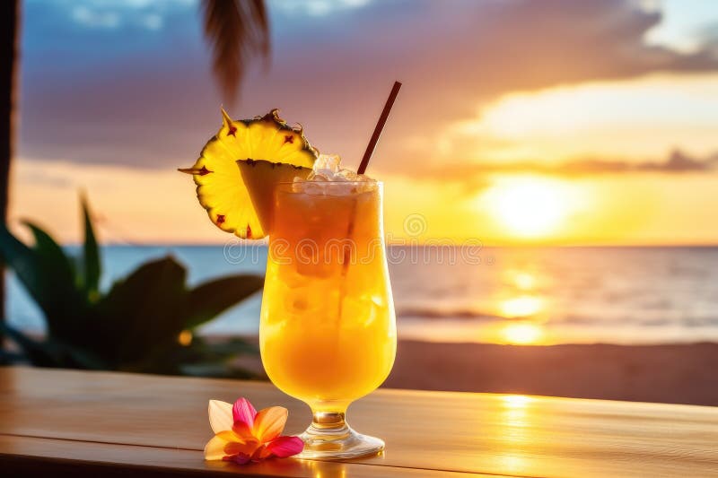 A Tropical Cocktail with a Sunset Ocean Backdrop Stock Illustration ...
