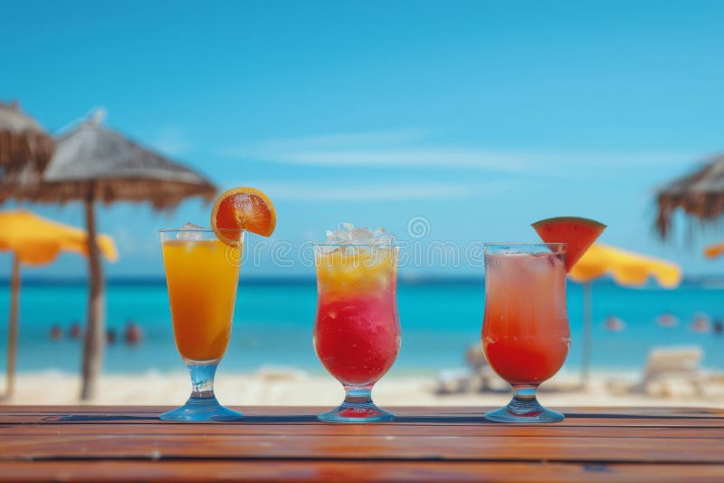 Tropical Cocktails On A Beachside Table Summer Refreshment Stock