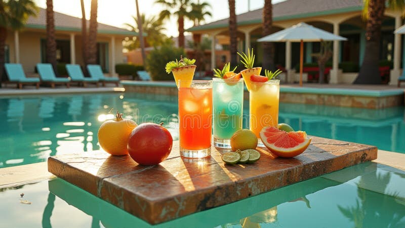 Refreshing Tropical Cocktails Poolside Sunny Resort Setting Stock ...