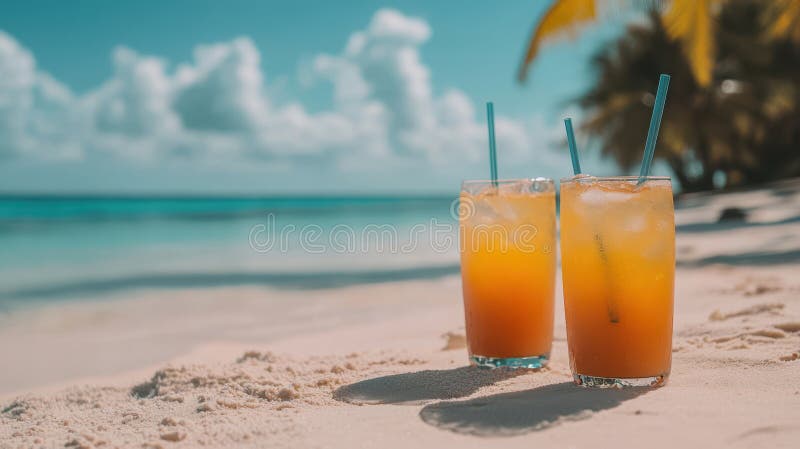 Tropical Cocktails on Sandy Beach for Vacation Theme Stock Illustration ...