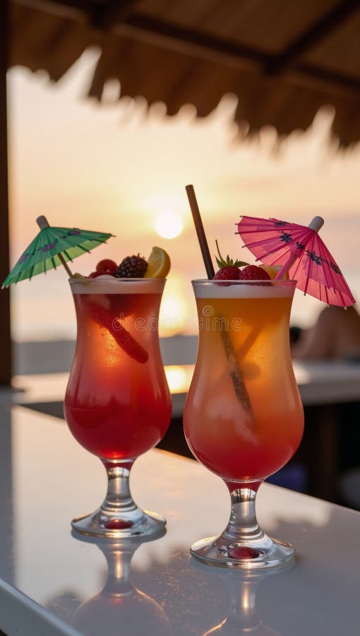 Tropical Cocktails with Umbrellas Served at Beachfront Sunset Bar Stock ...