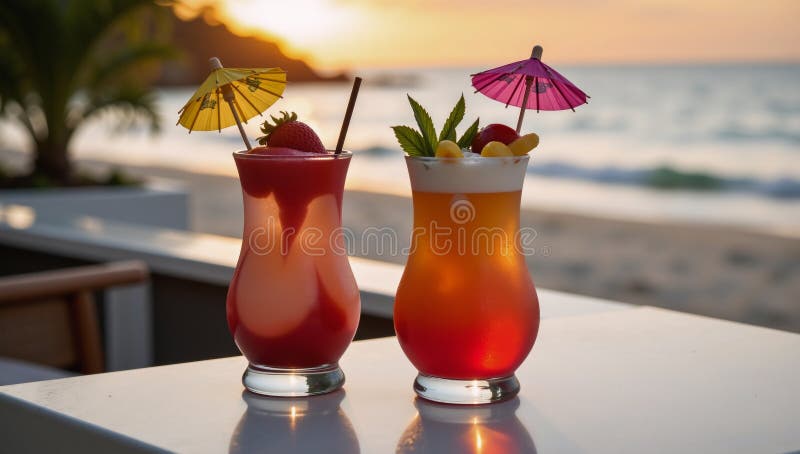 Tropical Cocktails with Umbrellas Served at Beachfront Sunset Bar Stock ...