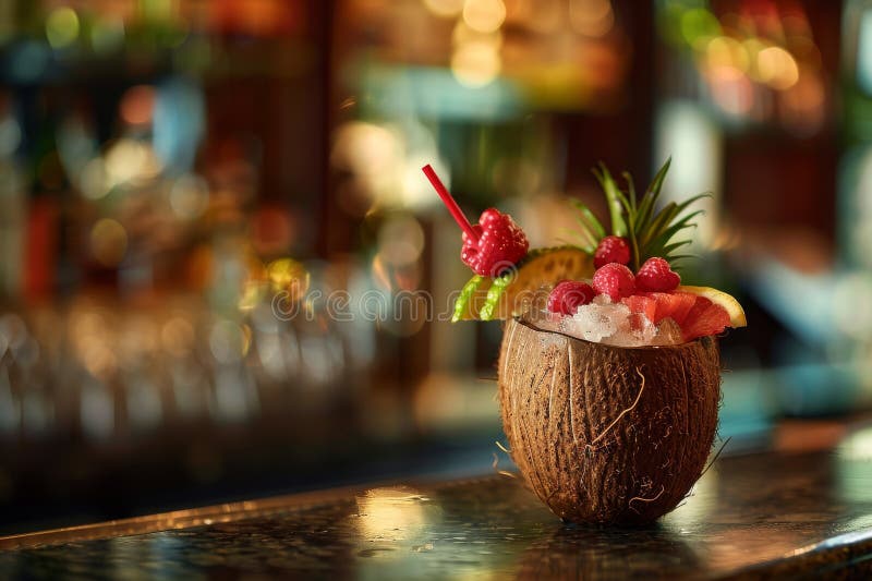 Tropical Coconut Cocktail on Bar Counter Stock Illustration ...